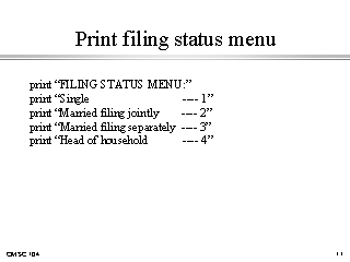 Print filing status menu